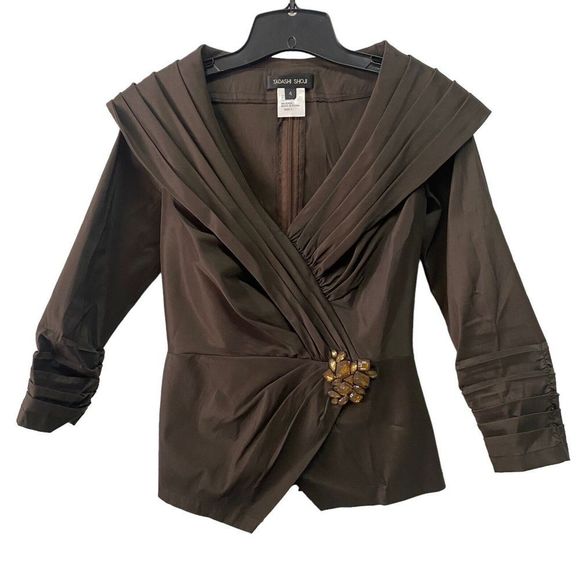 Tadashi Shoji | Tops | Tadashishoji Womens Sz 4 Jeweled Brown Faux Wrap ...